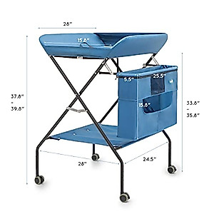 Baby Changing Table, Portable Folding Diaper Changing Station with Wheels, Adjustable Height Mobile Nursery Organizer, Large Storage Racks for Newborn Baby &Infant