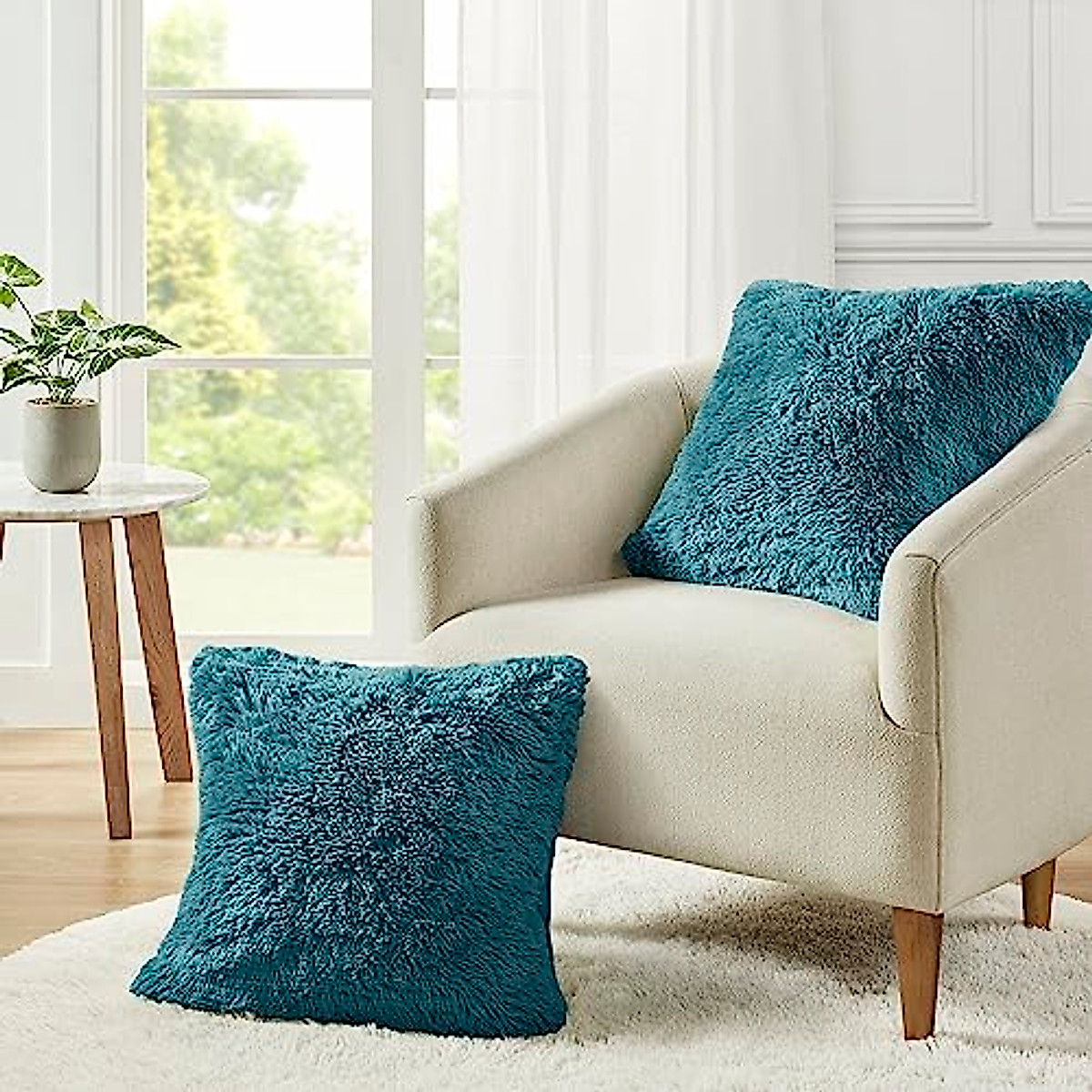 Hyde Lane Luxury Faux Fur Throw Pillow Covers | Soft Fluffy Fuzzy Cushion Cover | Plush Pillows Case for Couch Sofa Bed Aesthetic Room Decor, 18”x18”, 2 Pack, Teal