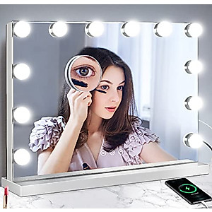 M MIVONDA Lighted Makeup Vanity Hollywood Mirror with 3 Color Lights Dimmable LED Bulbs with 10X Magnification, 2in1 Tabletop and Wall-Mounted Mirror with Plug-in and USB Charger Port