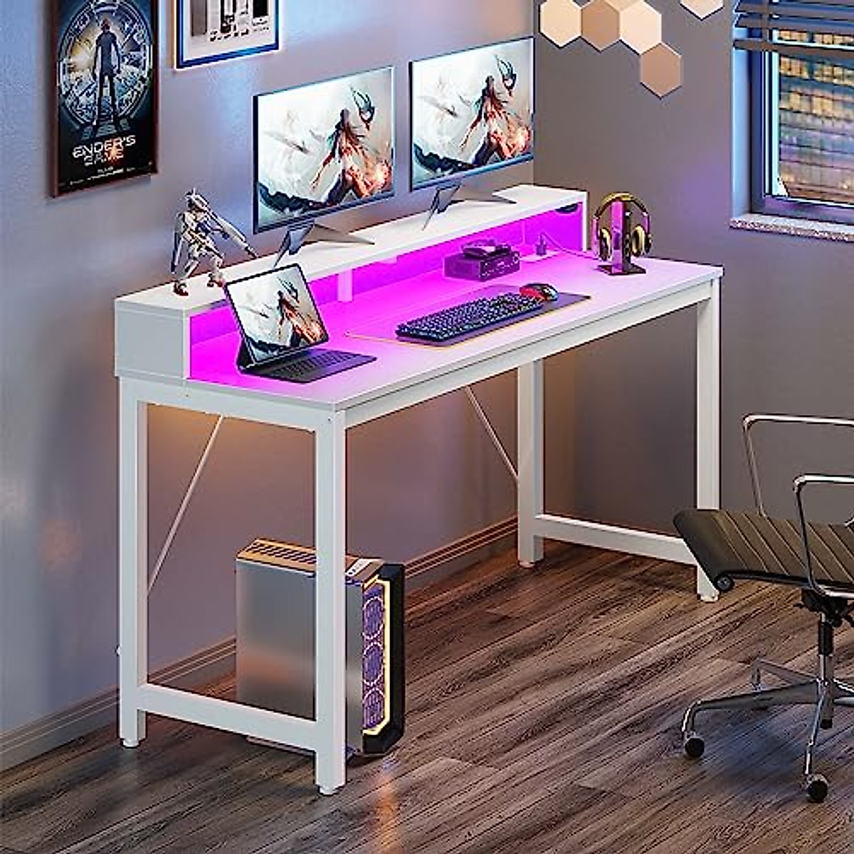 Rolanstar Computer Desk 55" with LED Lights & Power Outlets, Home Office Desk with Monitor Shelf, Gaming Desk, Writing Desk, Study Desk for Student & Kids, White