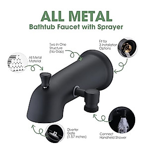 RAINREVIVE All Metal Tub Spout with Diverter for Hand Held Shower, Fits for Threaded 1/2" or 3/4" IPS, Bathtub Faucet with Shower Diverter Universal Tub Diverter Spout, Matte Black
