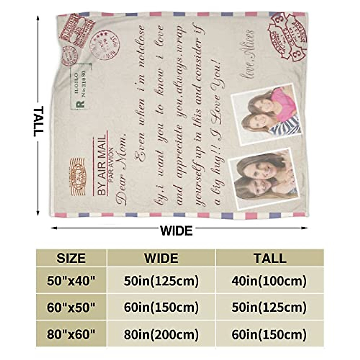 HYHSJY Personalized Photo Letter Blanket Throw Fleece Custom add 2 Picture and Any Text Gift Inspirational Moments Present to My Daughter Son from Mom Dad Customized for Husband Wife