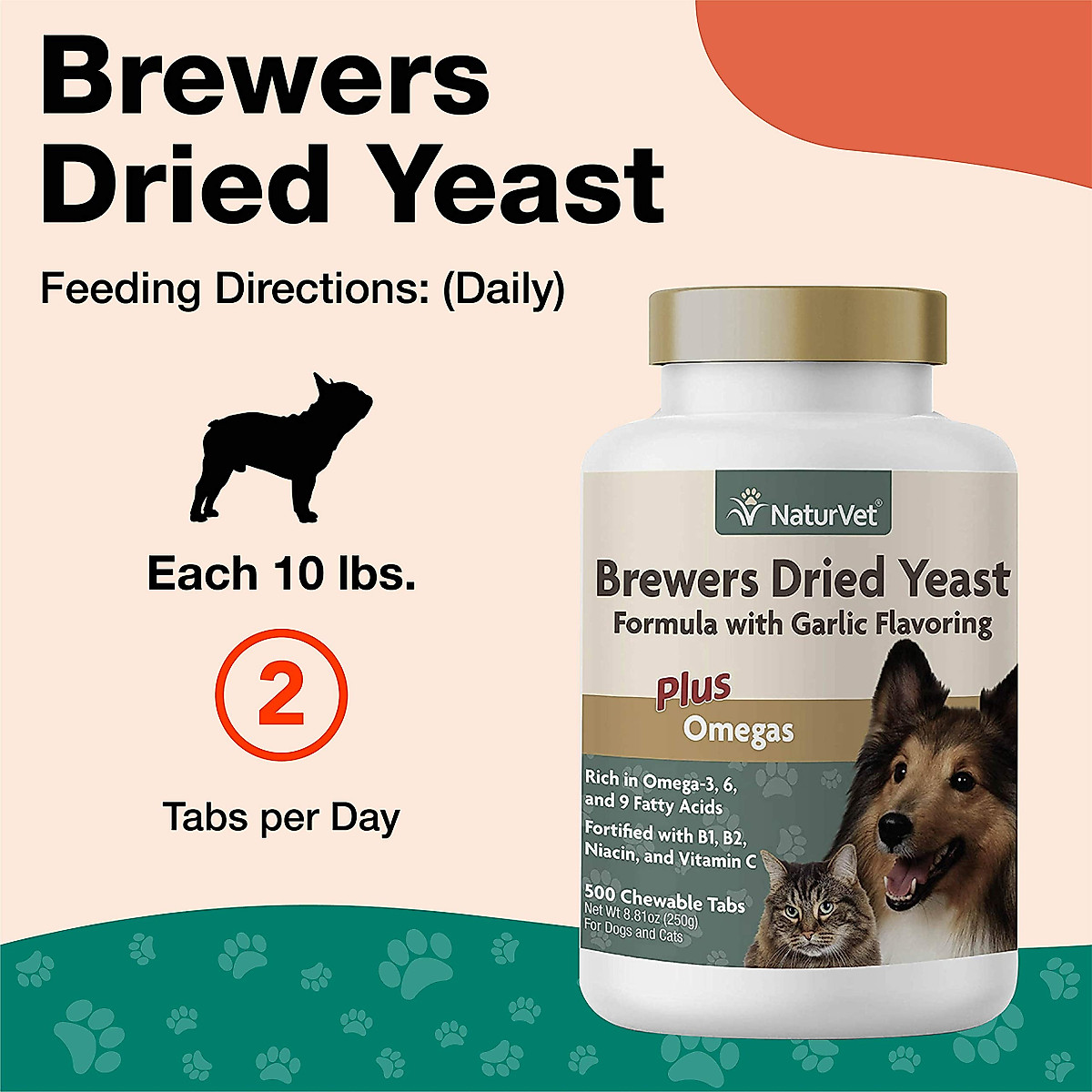 NaturVet Brewer’s Dried Yeast Pet Supplement with Garlic Flavoring – Includes B-Complex Vitamins, Omega-3, 6, & 9 Fatty Acids – Helps Support Glossy Coat, Healthy Skin for Dogs, Cats 500 Ct.