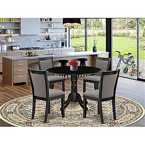 East West Furniture DLMZ5-AB6-50 5 Piece Dining Room Furniture Set Includes a Round Dining Table with Dropleaf and 4 Dark Gotham Grey Linen Fabric Parson Chairs, 42x42 Inch, Wirebrushed Black