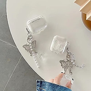 HENJI Case for Airpods Pro, 3D Cute Glitter Soft Earphone Accessorie Cover for Air Pods Pro, Headphone Headset Cover with Pearl Butterfly Pendant, Gift for Girls Women (Butterfly Keychain)