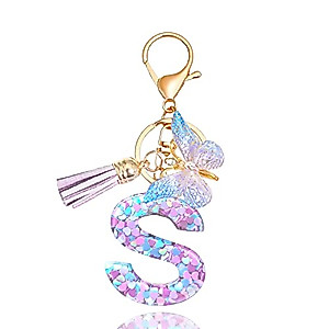 Meefisher Purple-Blue Resin Alphabet Initial Letter Bulk A-Z Keychain Tassel Butterfly Pendant Bag Charms Key Ring for Backpack Purse Wallet Handbags Car Keys Women Girl,Pink Cute,S