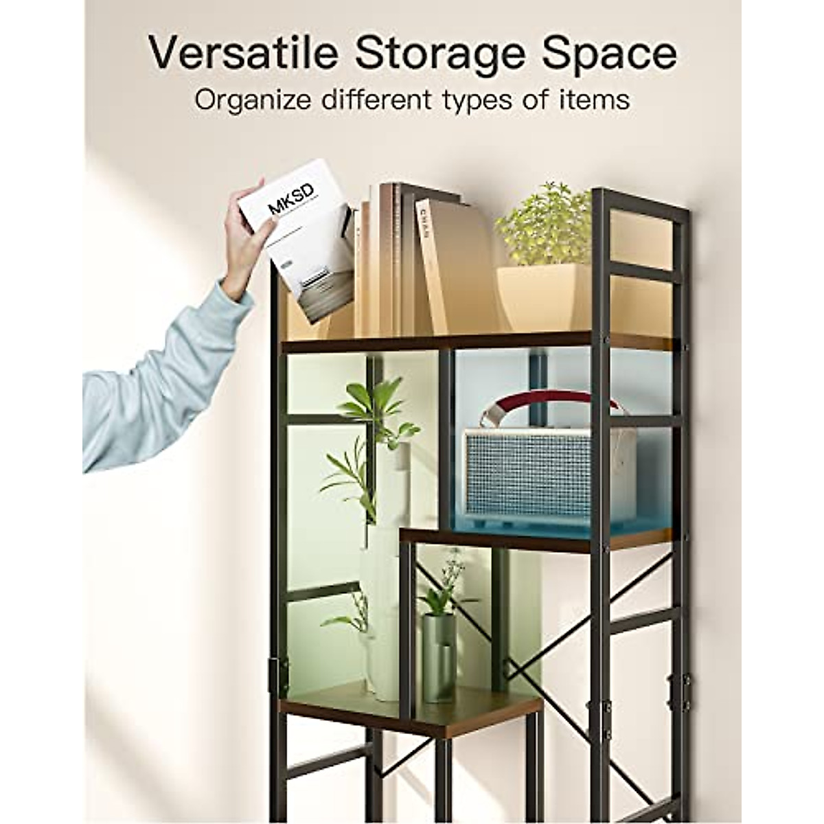 Pipishell 5-Tier Bookshelf, Tall Bookcase Storage Shelf Organizer with Steel Frame, Decorative Industrial Display Shelf, Multipurpose Storage Rack for Bedroom, Living Room, Office, Study, Hallway