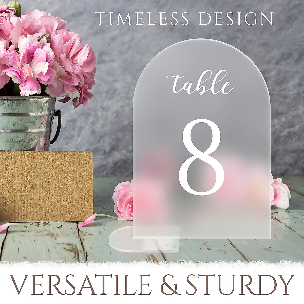 17 Pieces Wedding Table Numbers with Stands, Table Numbers 1-15 with Head Table and Gift Table, 5x7 Inch Frosted Arch Acrylic Table Numbers with White Letters, Table Numbers for Wedding Reception