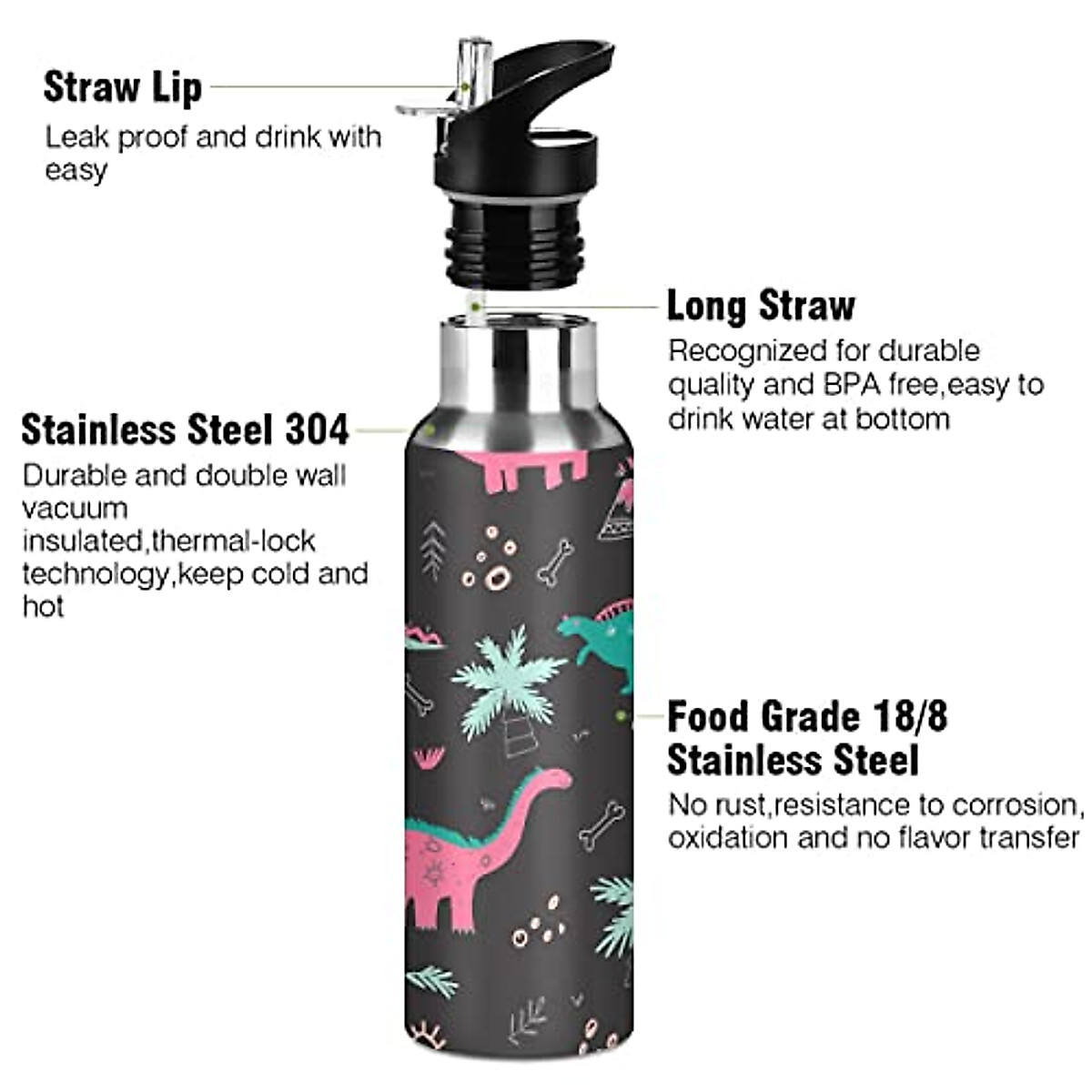 OREZI Vector Childish Dinosaurs Water Bottle Thermos with Straw Lid for Boys Girls,600 ml,Leakproof Stainless-Steel Sports Bottle for Women Men Teenage