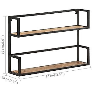 vidaXL Wall Shelf - Industrial Hanging Shelves with Black Iron Frame, Constructed from Rough Mango Wood, Ideal for Books and Decor Display, Size: 31.5"x7.9"x23.6"