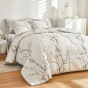 UOZZI BEDDING Cream White Bed in a Bag Twin 6 pc Branch Style All Season Soft Microfiber Reversible Bed Comforter Set (1 Comforter 2 Pillow Shams 1 Flat Sheet 1 Fitted Sheet 1 Pillowcases)