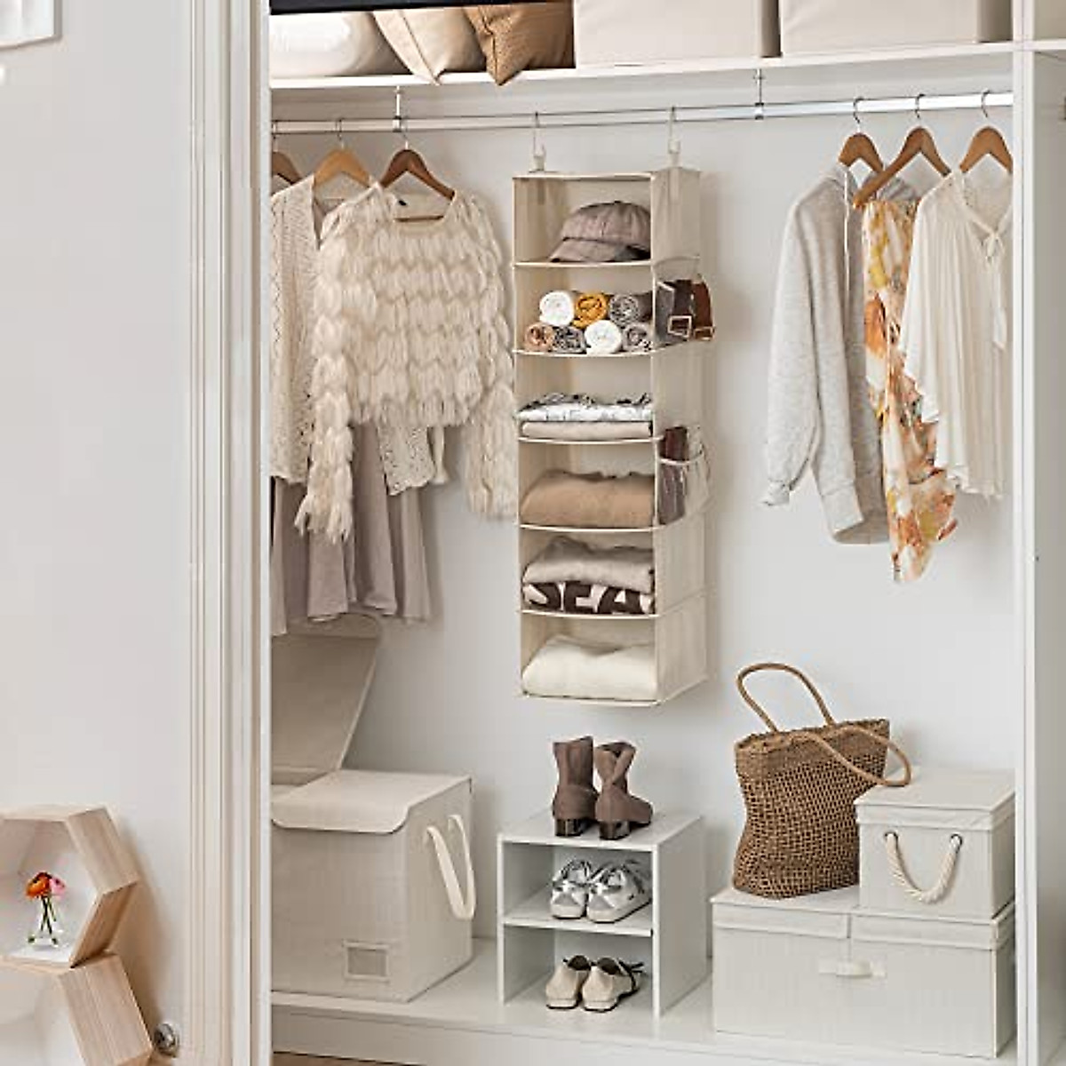 StorageWorks 6-Shelf Hanging Closet Organizer, Hanging Shelves for Closet, Fabric, Mixing of Beige, White & Ivory, 12" D x 12" W x 47 1⁄2" H