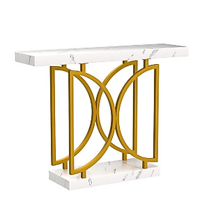 Tribesigns Gold Console Table, 39 Inch Entry Sofa Table with Double D-Shaped Metal Base, Contemporary Accent Table with Faux Marble Veneer for Entryway, Hallway, Entrance, Living Room