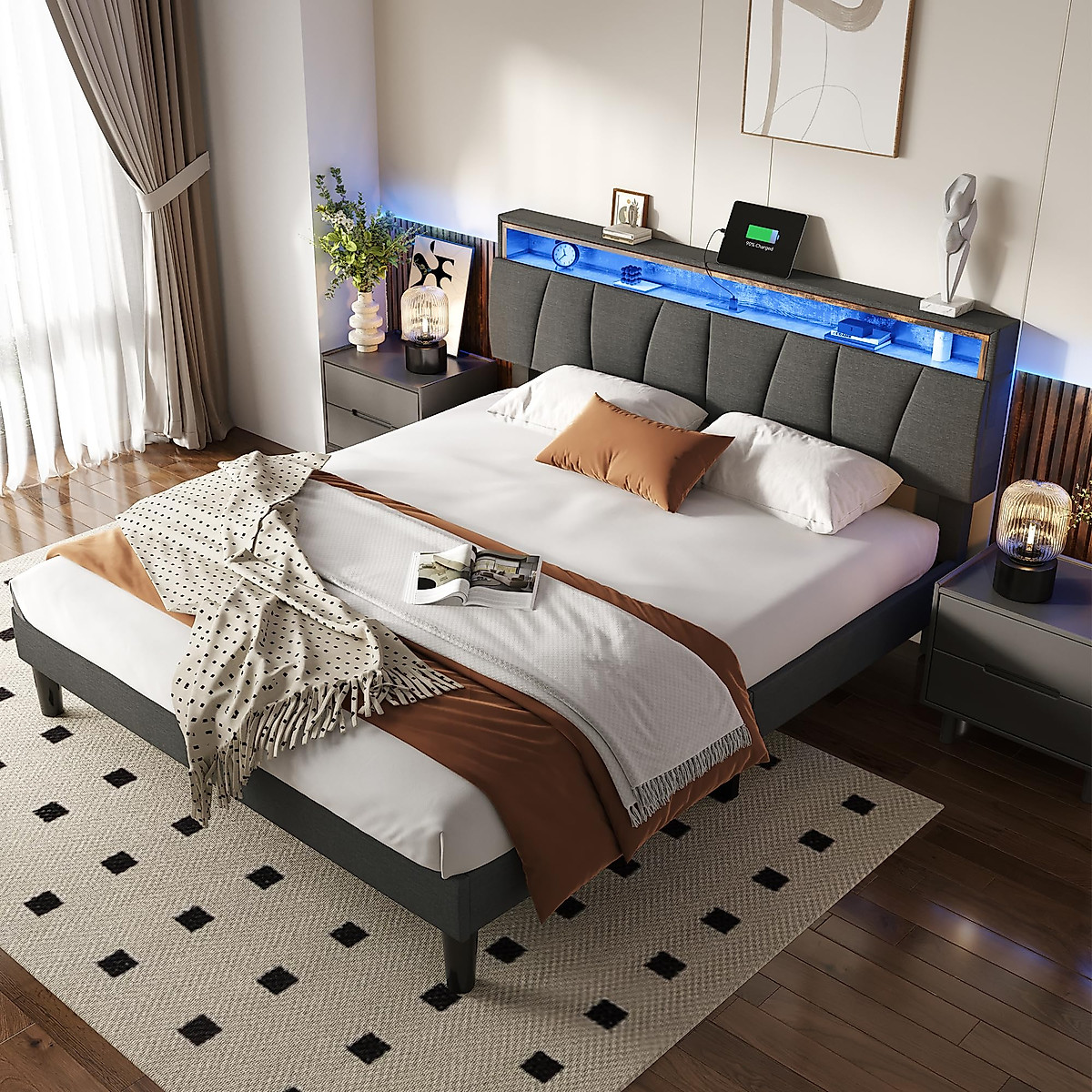 YITAHOME Queen Size Bed Frame, LED Bed Frame with Storage Bookcase Headboard, Upholstered Platform Bed with Charging Station, No Box Spring Needed, Easy Assembly, Grey