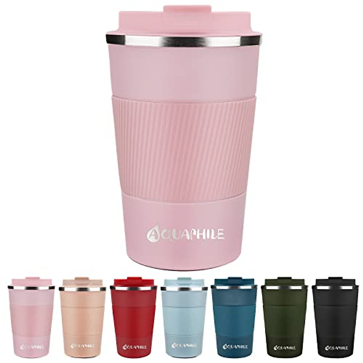 AQUAPHILE Reusable Coffee Cup, Coffee Travel Mug with Leak-proof Lid, Thermal Mug Double Walled Insulated Cup, Stainless Steel Portable Cup with Rubber Grip, for Hot and Cold Drinks(New-Pink, 12 Oz)