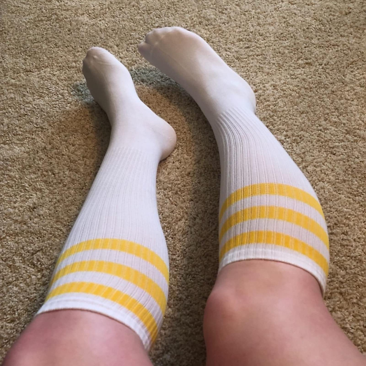CICEYET Classic Triple Stripes Socks Halloween Cotton Knee High Tube Socks Skating Athletic Sport Socks for Men Women (White/Yellow)