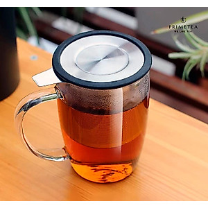 Prime Tea - Glass Teacup with Tea Infuser, 16oz / 470 ml, Hand Blown, Single Wall, Heat Resistance Borosilicate Glass Teacups for Blooming Tea & Loose Leaf Tea, Microwave & Dishwasher Safe (Black)