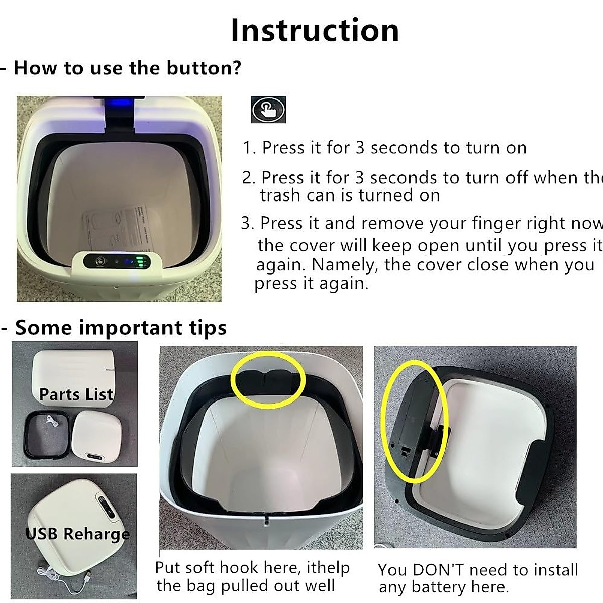 DEKMILE Modern Design Touchless Trash Can with Soft-Close Lid for Kitchen Bathroom Office Bedroom Motion Sensor Smart Plastic Food Waste Bin Grey 6.3 Gallon