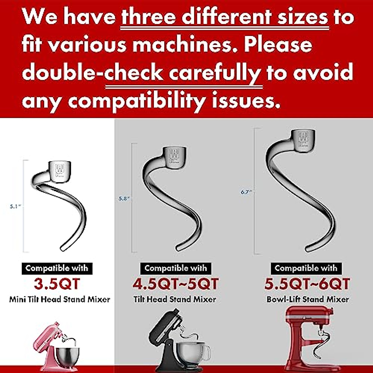 Spiral Dough Hook Replacement for KitchenAid 3.5 Qt. Tilt-Head Stand Mixers/Polished 18/8 Stainless Steel Accessories/No coating/Dishwasher Safe/Compatible for KSM3311/3316/ Artisan Mini Series