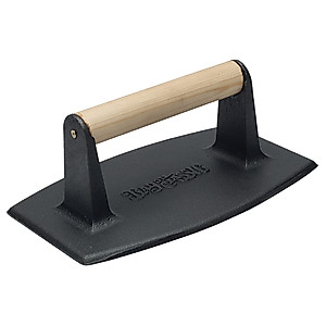 Bayou Classic 7455 Cast Iron Shallow Pan and Press Set Includes 14-in x 12-in Cast Iron Pan and Cast Iron Bacon Press w/Wooden Handle Perfect For Hamburgers Grilled Cheese Sandwiches and Bacon