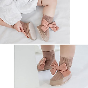 WATOCHE Baby Girl Socks Look Like Shoe Toddler Ant-slip Socks with Grips Baby Long Socks with Cute Bows Floor Shoes Socks(Coffee+Kaqi Bow,0-6M)