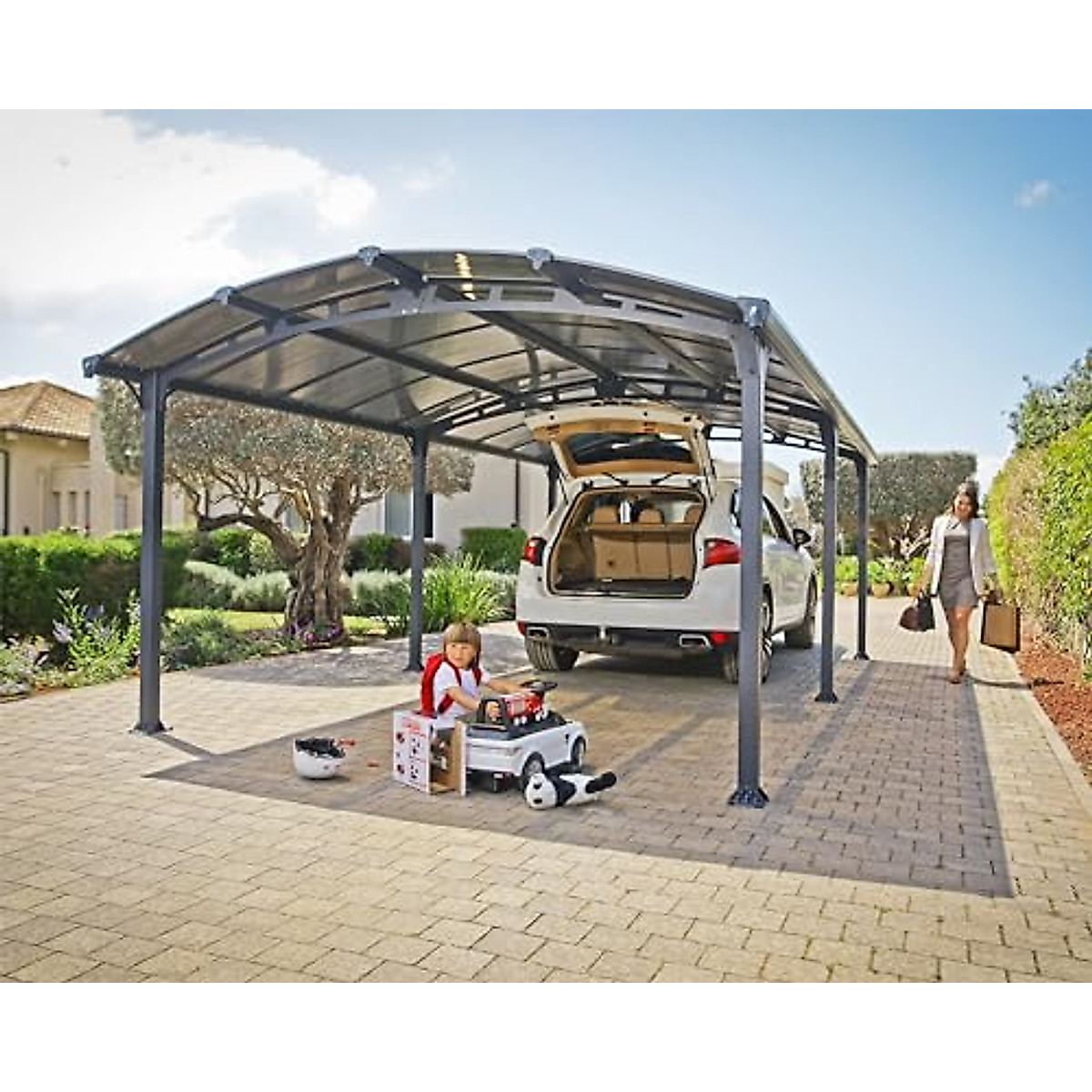 Palram - Canopia Arcadia 12 x 21 x 6.5 Carport, Heavy Duty Metal Car Port, Weather-Protected Aluminum Frame, Polycarbonate RV & Car Storage, UV Protected, DIY Truck Garage Kit, 10-Year Warranty, Gray