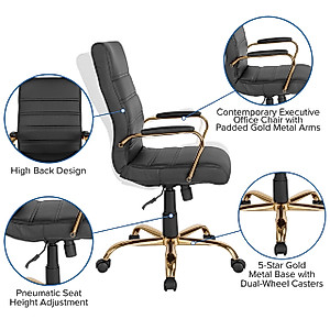 EMMA + OLIVER High Back Black LeatherSoft Executive Swivel Office Chair with Gold Frame/Arms