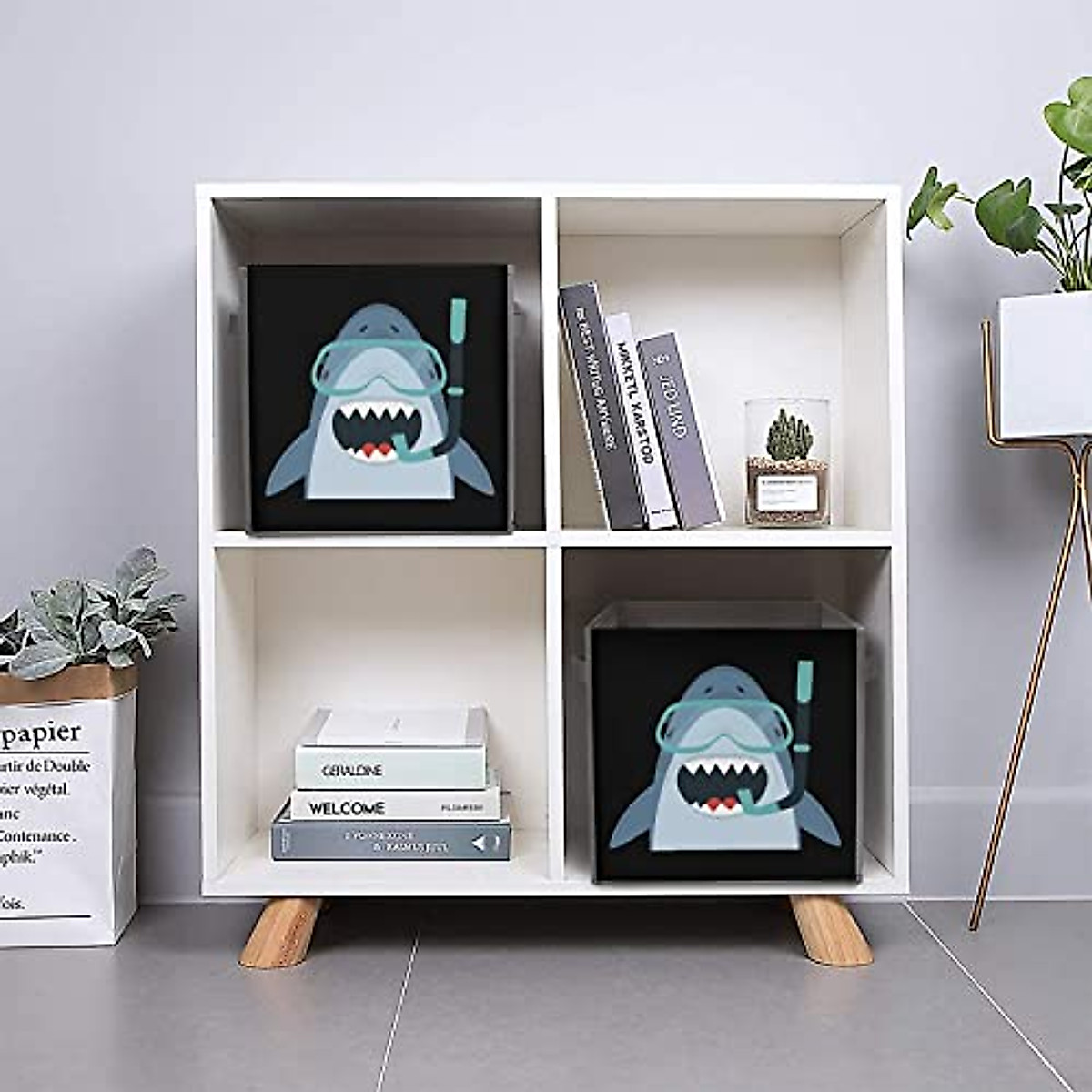 Funny Diving Shark Canvas Collapsible Storage Bins Cube Organizer Baskets with Handles for Home Office Car