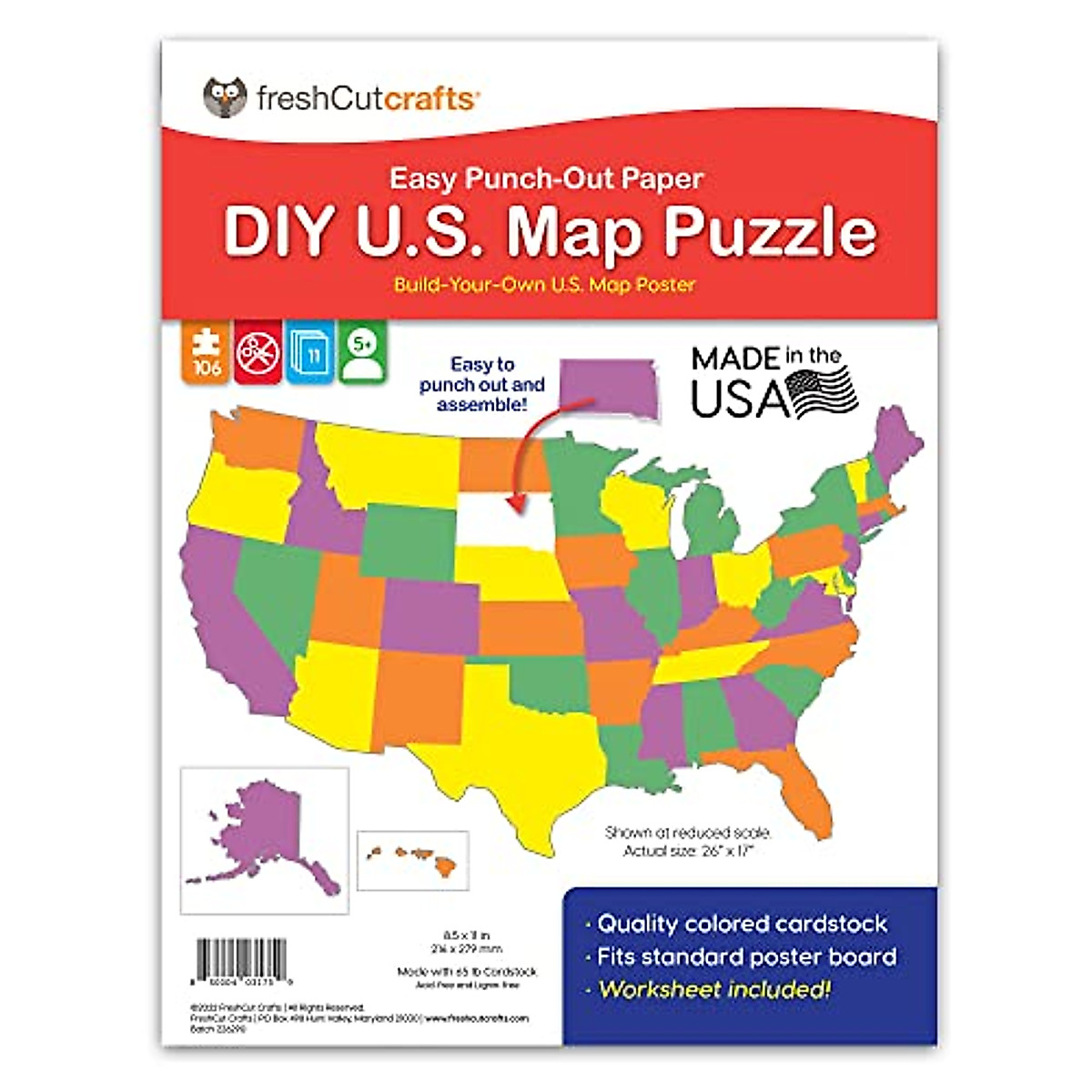 FreshCut Crafts | DIY U.S. MAP PUZZLE Easy Punch-Out Paper 50 States – Map Fits Standard Poster Board for Homeschool, Geography, and Classrooms | US Made Quality Card Stock, NOT Foam