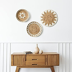 Kiwi Homie Set of 3 Round Woven Water Hyacinth Wall Decor Basket Trays, Round Wicker Baskets Handmade Set of 3 For Living Room, Unique Hanging Wall Art (Set 3 items 2 (Sunflower))