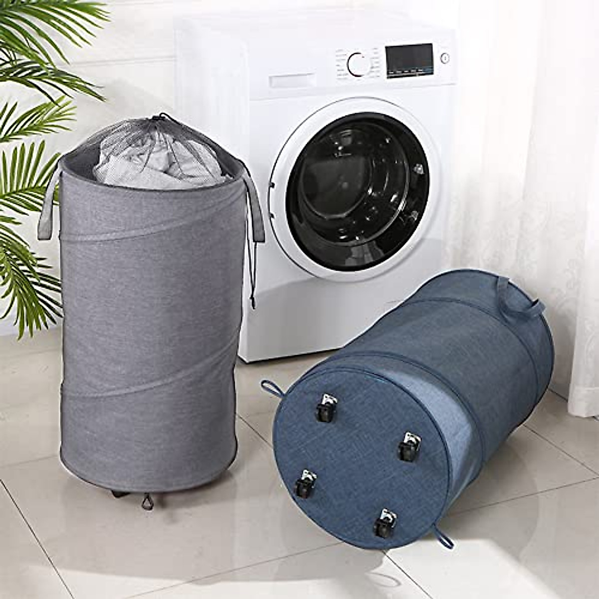 Viviphanhy Collapsible Laundry Baskets Dorm Pop Up Laundry Hamper Oxford Cloth Cylinder With Wheels Handles (Blue)