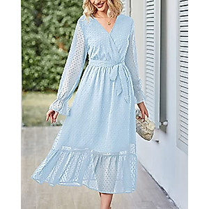 BTFBM Women's Casual Party Summer Fall Dresses 2023 Long Sleeve Wrap V Neck Swiss Dot Swing A-Line Maxi Dress with Belt(Swiss Dot Light Blue, Small)