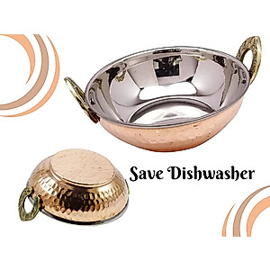 Genx Set of 4, Indian Copper Serveware Karahi Vegetable Dinner Bowl with Solid Brass Handle for Indian Food, Diameter- 13 Cm (5.2 Inches)