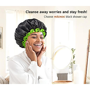 mikimini Extra Large Black Shower Cap for Women and Men Thick Long Hair Braids, Reusable Waterproof Double Layers XL Bathing Hair Caps with Vibrant Green Edge (Black)