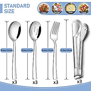 LIANYU 12 Piece Serving Utensils, Stainless Steel Serving Spoons Set, Include 3 Serving Spoons, 3 Slotted Spoons, 3 Serving Forks, 3 Metal Tongs for Kitchen Buffet Party Banquet Entertaining