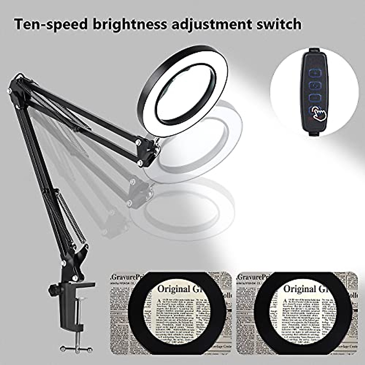 Magnifying Glass with Light and Stand, 3 Color Modes Stepless Dimmable, 5-Diopter Glass Lens, Adjustable Swivel Arm, LED Magnifier Desk Lamp for Close Work, Repair, Crafts, Reading - Long