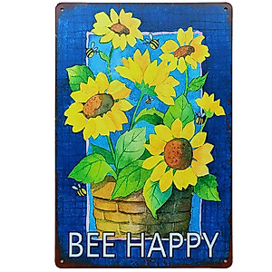 TISOSO Sunflower Bee Happy Vintage Tin Bar Sign Country Farm Kitchen Wall Home Garden Decor Art Signs Garden Decoration 8X12Inch