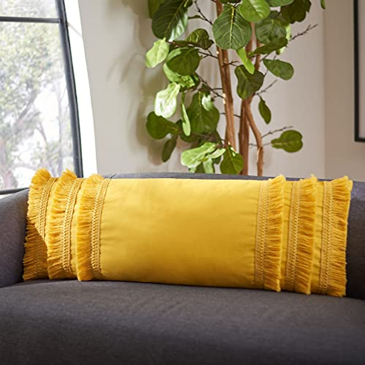 Safavieh Home Collection Grema Boho 12 x 36-inch Yellow Fringe Decorative Accent Pillow PLS7142C-1236, 12"x36"