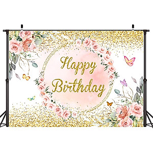 Wollmix Butterfly Happy Birthday Banner Backdrop Decorations 7x5ft Party Sweet 16 Girls Women Pink Florals Glitter Gold Dots Photography Background Supplies Photo Booth Studio Cake Table