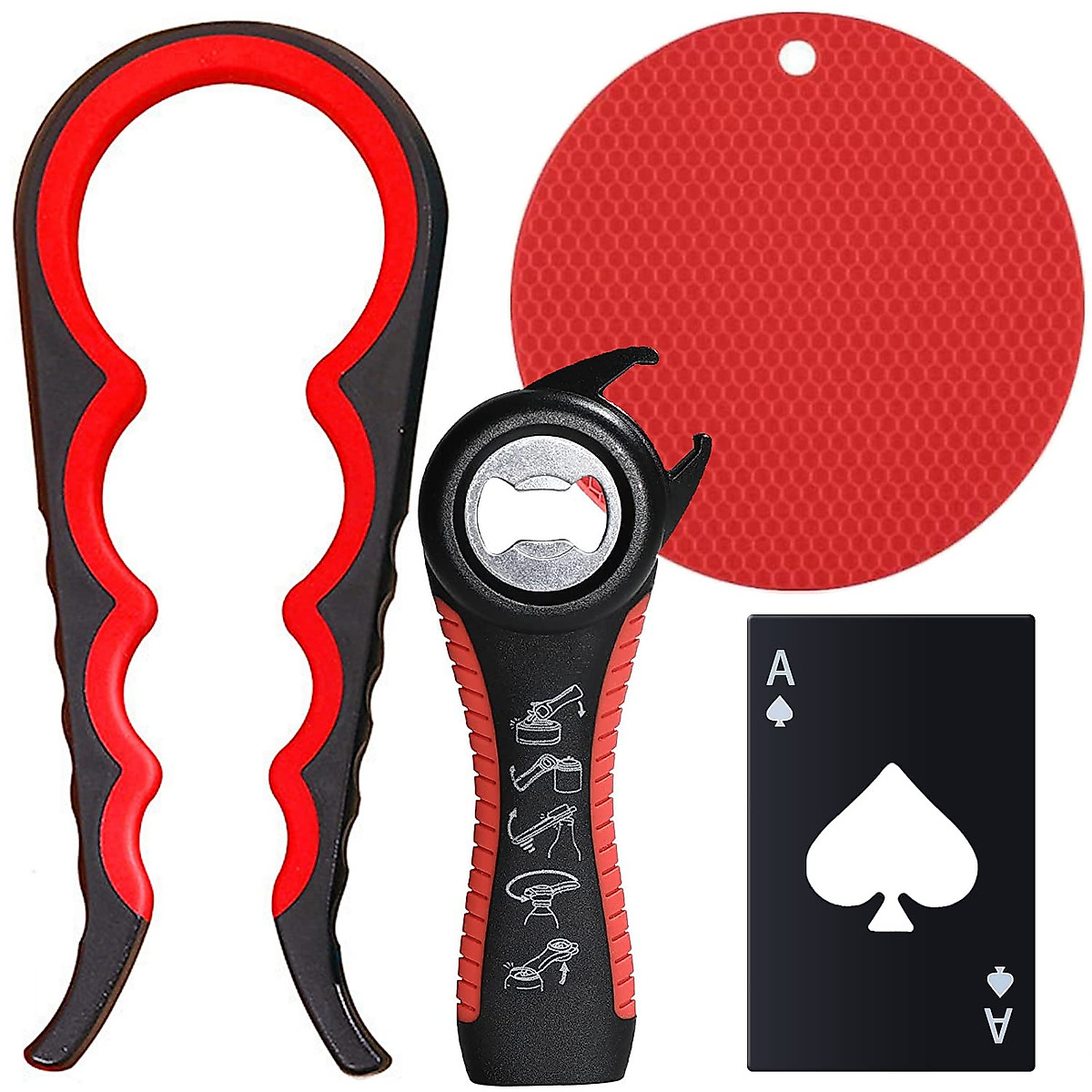 Jar Opener, Bottle Opener Kits for Weak Hands, 4&5-in-1 Multi Function Can Opener Non-Slip, Rubber Jar Gripper Pad, Ace Of Spades Card Bottle Opener, for Children, Elderly, Arthritis Hands