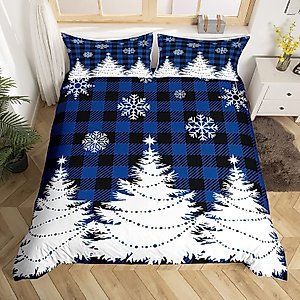 Christmas Kids Bedding Set White Christmas Tree Bedding Duvet Cover Set for Boys Girls Decor Snowflake Comforter Cover Set Blue Black Buffalo Check Bedspread Cover Bedroom Quilt Cover 3Pcs Full Size