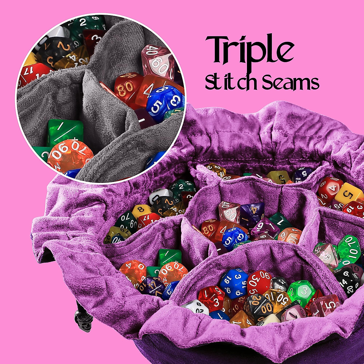 CardKingPro Immense Dice Bags with Pockets - Purple - Capacity 150+ Dice - Great for Dice Hoarders [Patented Design]