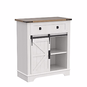 OKD Farmhouse Coffee Bar, 32 Inch Buffet Sideboard with Sliding Barn Door, Drawer, Adjustable Storage Shelves, Wood Accent Floor Cupboard Cabinet for Kitchen, Dining Room, Living Room, Antique White