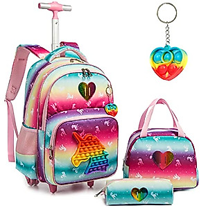 Meetbelify Unicorn Rolling Backpack for Girls Wheels Backpacks for Elementary Student Wheeled Trolley Trip Kids Luggage for Teen Girls with Lunch Box Pencil Case