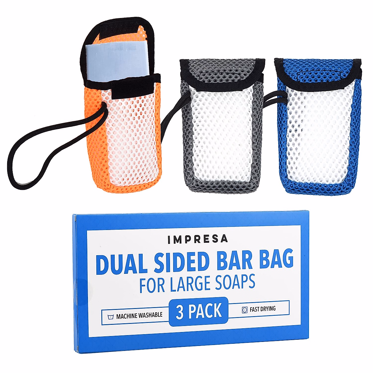 IMPRESA [3 Pack] Exfoliating Large Bar Soap Saver Pouch fits Duke Cannon Bar Soaps, Soap Scrubber Pouch Holds Up To 4.58 x 2.75 x 1.5 Inches Soaps
