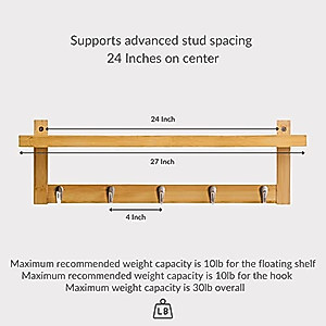 YourWoodStore Wall Mounted Coat Rack with Shelf, Floating Shelf, Natural, Wooden, 5 Alloy Hooks, 27 Inch, Supports Advanced Stud Spacing(24Inch), Entryway Organizer, Key Holder