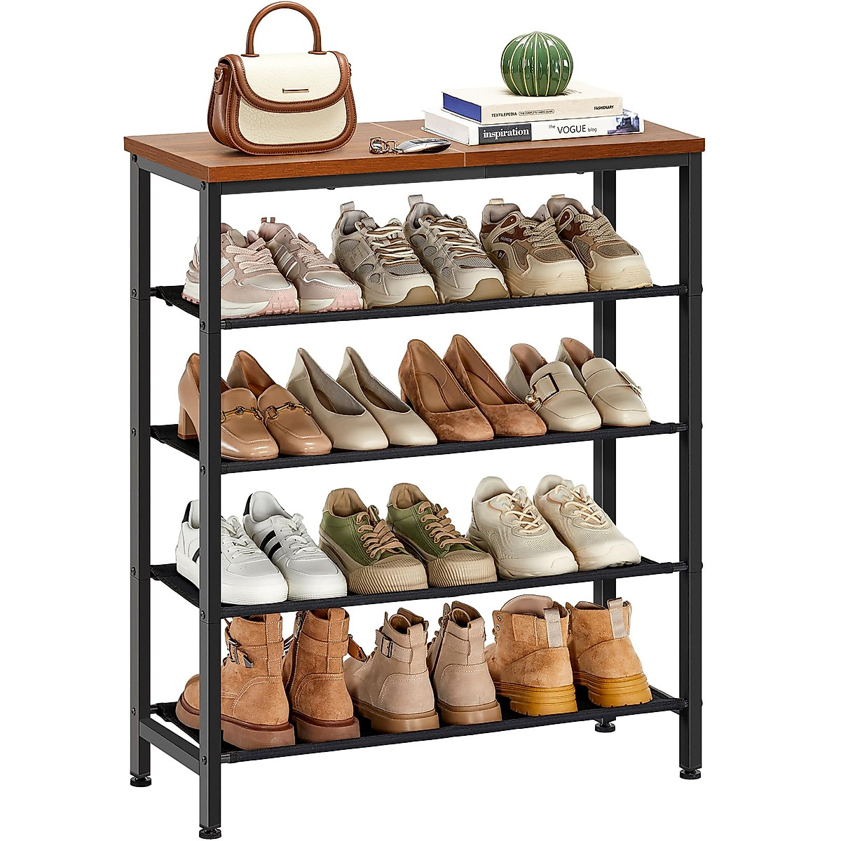 Pipishell 5-Tier Shoe Rack, Large Shoe Stand Rack with Sturdy Wood Grain Finish Top Shelf & Steel Frame, Free-Standing Shoe Organizer for Entryway,Front Door Entrance,Closet,Bedroom,Hallway