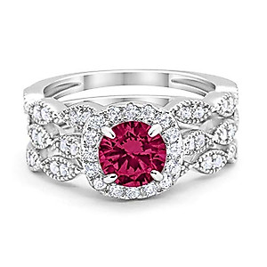 Blue Apple Co. Halo Art Deco Three Piece Wedding Engagement Bridal Set Ring Band Solid Simulated Ruby 925 Sterling Silver, Size-6