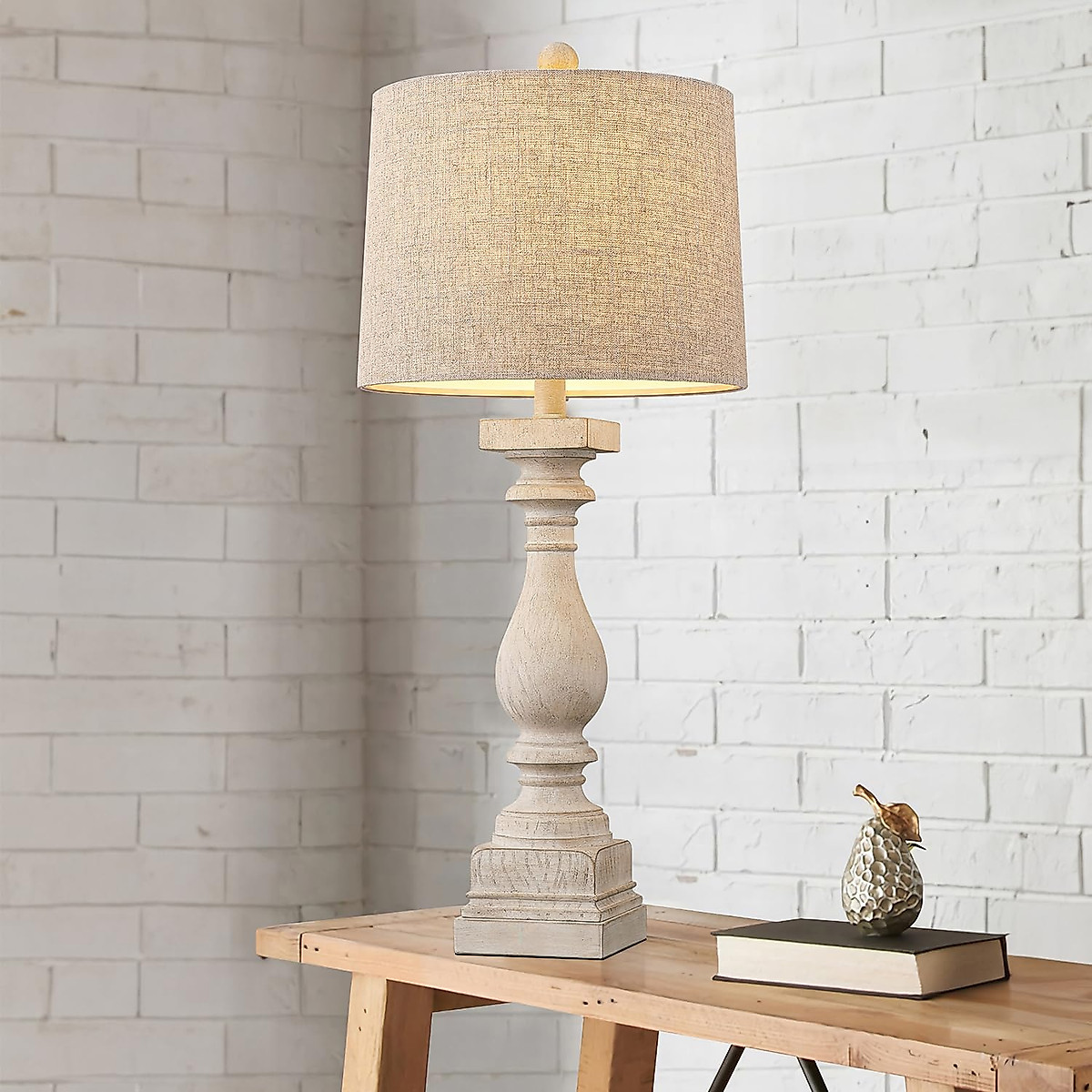 BOBOMOMO Retro 27" USB Charging Ports A/C Wash-White Farmhouse Lamps for Bedrooms Side Table Lamps Bedside Lamp for Nightstand Living Room 1 Pack