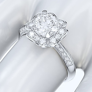 PRSTANI Real 14k White Gold Romantic Flower Like Clovers Halo 4-Prong Set 1.0 CT Simulated Diamond Engagement Ring (6.5)